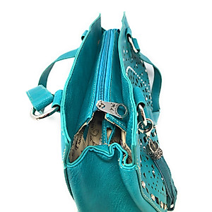 Set of Women's Concealed Carry Tote Double Flat Strap Purse with Laser Cutout Inlay with Matching Wallet (Turquoise)