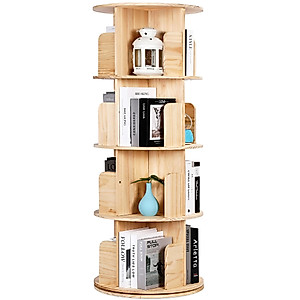 Rengue Rotating Bookshelf Tower, 4 Tiers Floor Standing Bookcase Storage Rack, 360 Display Round Spinning Bookshelf with Detachable Feet for Small Space, Bedroom, Living Room, Office