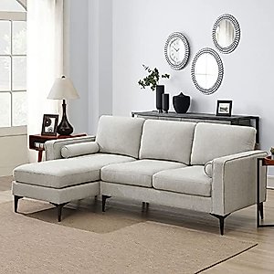 KoiHome 86" Convertible Sectional 2 Pillows, Modern Chenille L-Shaped Couch with Reversible Chaise Lounge, 3-Seater Sofa, Fit for Living Room,Office,Apartment, Polyester, Beige