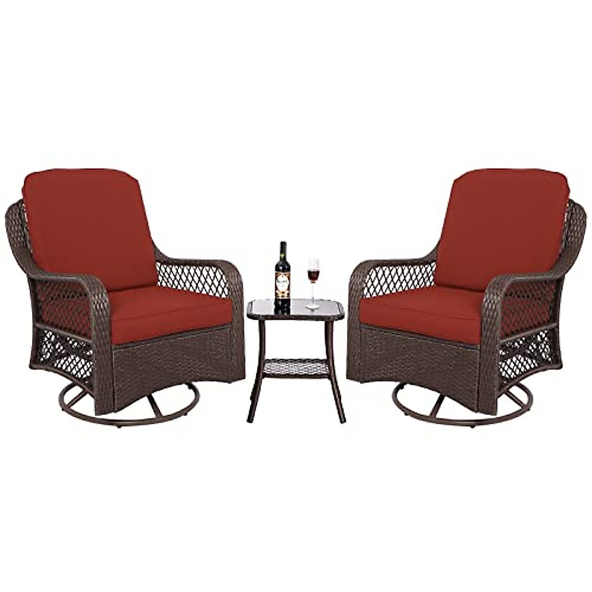 LEISU 3-Pieces Patio Swivel Wicker Bistro Furniture Set with Cushioned Patio Swivel Rocker Swivel Rocking Chairs Set Side Table Outdoor Rattan Conversation Sets (Rust)