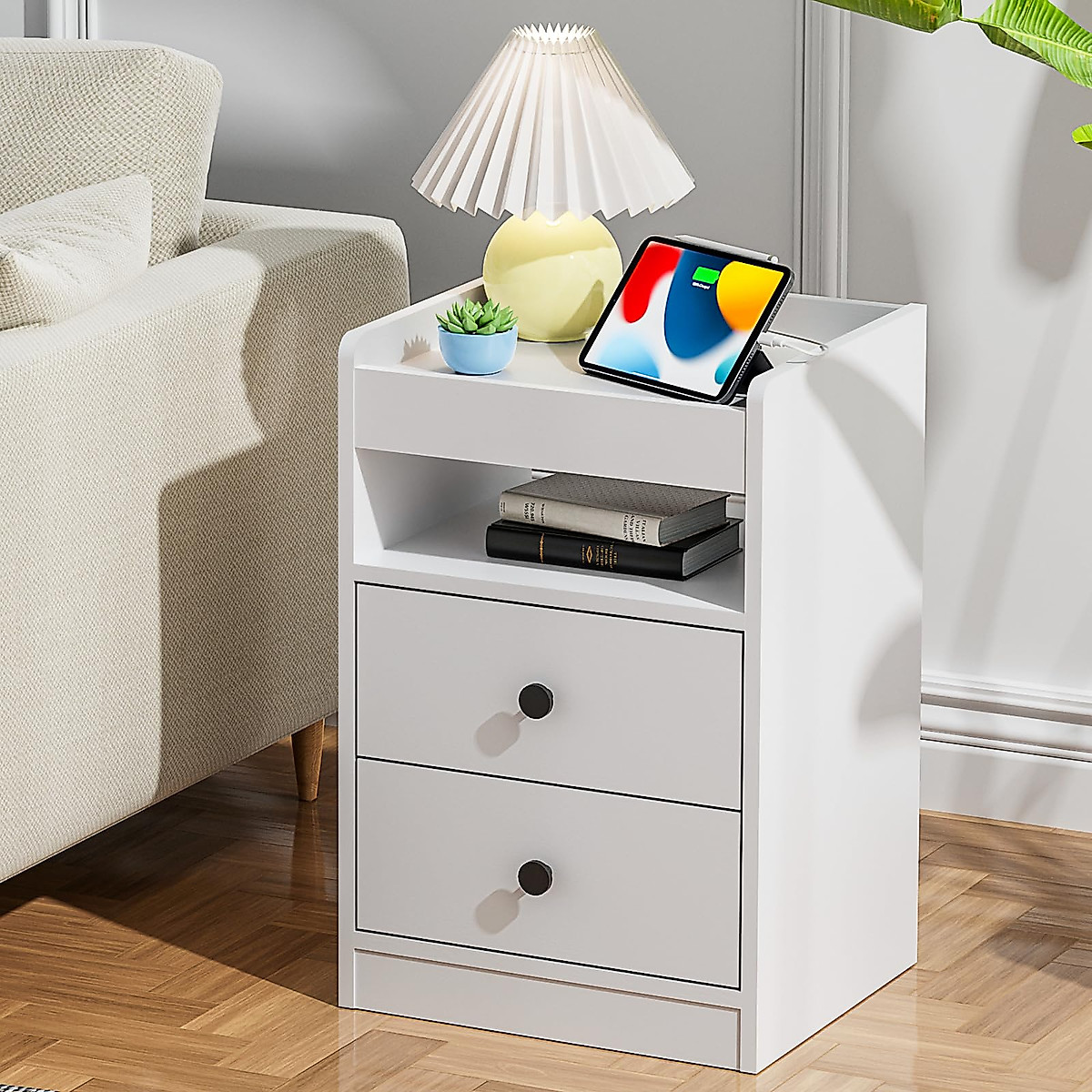 COPIAE Nightstand with Charging Station, Led Bedside Table White Small, Nightstands with 2 Drawers Storage, Wood End Table with USB Ports and Outlets, Side Table for Bedroom Living Room