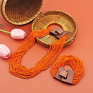 Coiris Multi Layers Seed Beads Wide Bangle Strand Bracelet for Women（BR1167-Orange）