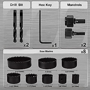 KATA 12PCS Hole Saw Kit 3/4"-2-1/2" (19-64mm) Hole Saw Set with Mandrels Hex Key, Ideal for Soft Wood, PVC Board, Plywood, Drywall Drilling