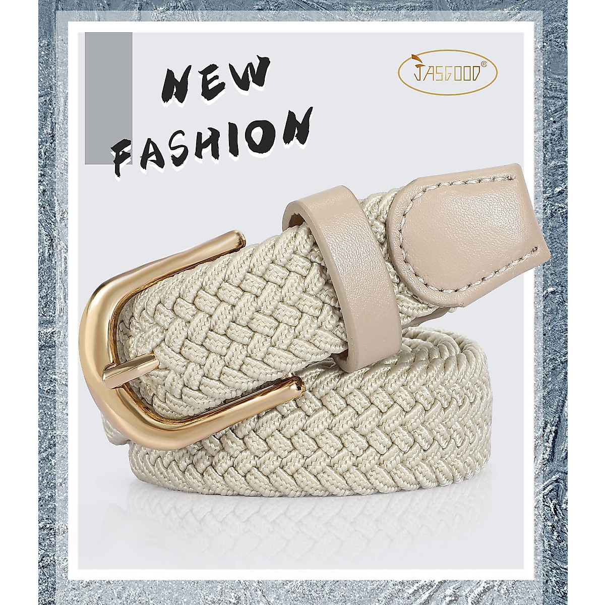 JASGOOD Women Braided Elastic Belt, 1'' Narrow Width Woven Fabric Belt for Jeans Men Golf Belt with Gold Buckle, B-Black+Khaki