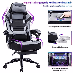 Fantasylab Big and Tall Gaming Chair 400lb Gaming Chair with Footrest Massage Gaming Chair Memory Foam Adjustable Tilt Back Angle and Arm High