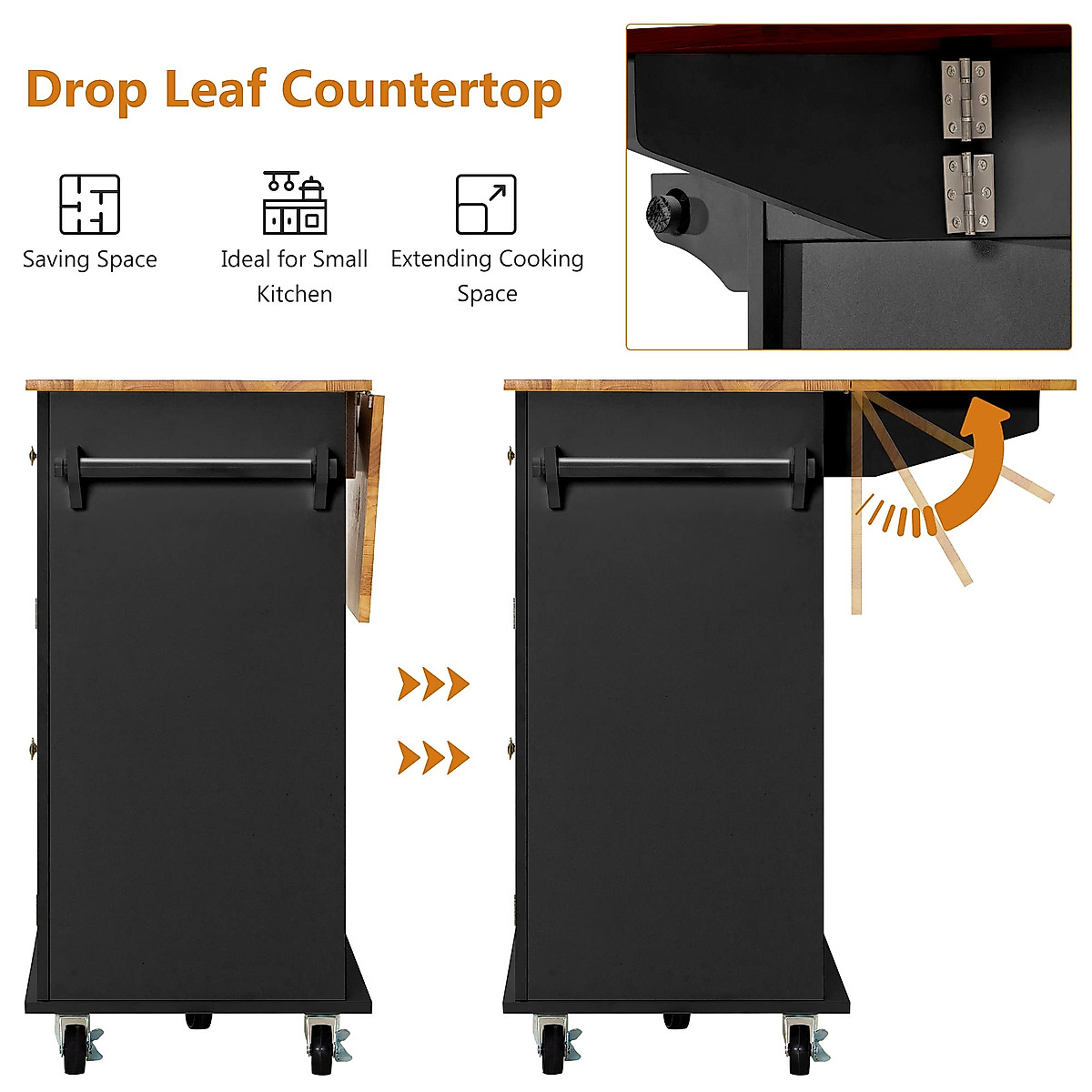 Squireewo Kitchen Cart with Wood Top and Drop Leaf Breakfast Bar, Rolling Mobile Kitchen Island Table on Wheels with Drawer and Storage Cabinet, Spice Rack, Towel Rack, Black