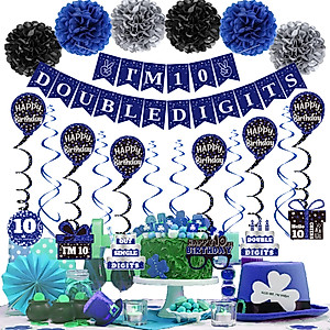 10th Birthday Decorations for Boys Girls, Blue I'm 10 Double Digits Banner Party Decorations, Happy 10th Birthday Decor Double-Sided Card Pompoms Hanging Swirl for Ten Years Old Boys Girls Gifts 45pcs