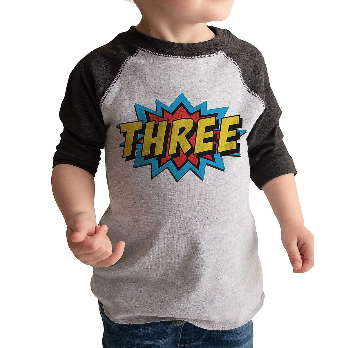 7 ate 9 Apparel Boy's Birthday Three 3rd Third 3 Superhero Grey Raglan 4T