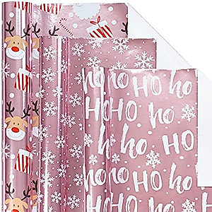 LeZakaa Christmas Wrapping Paper Mini Roll, Pink Metallic Foil Shine Paper - Snowflakes/Santa Claus/HO Print for Gift Wrap, Arts Crafts - 17 x 120 inches - 3 Rolls (42.5 sq.ft.ttl.)
