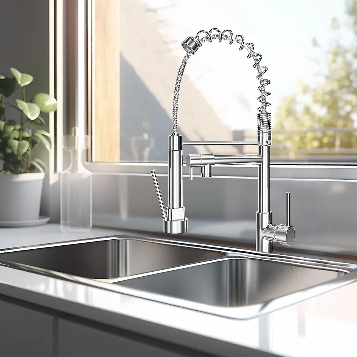 ZSW Kitchen Faucet with Pull Down Sprayer, Commercial Kitchen Sink Faucet with Pot Filler, Single-Handle Chrome Plated Stainless Steel Spring Sink Faucet