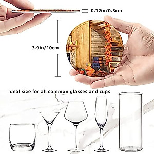 Halloween Pumpkin Sunflower Printed Coasters Set of 6 Pu Leather Round Coasters with Holder Heat Resistant Drink Coasters Coffee Cup Mat for Kitchen Office Bar