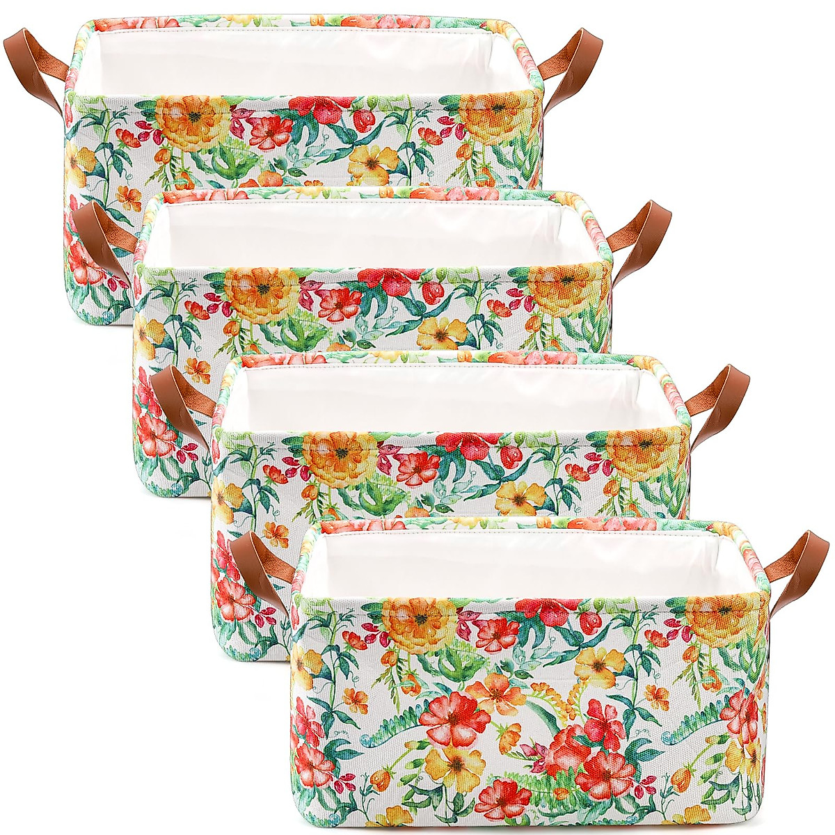 SOUJOY 4 Pack Fabric Storage Basket for Shelves, Foldable Canvas Organizer Box with Handles, Boho Flowers Closet Organizer Bin for Organizing Home Laundry Nursery Dorm Pet Gift