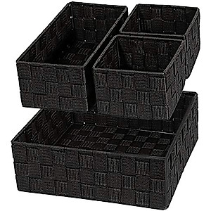 VK Living Woven Storage Box Basket Bin Container, Woven Strap Basket, Nylon Woven Box Basket, Underwear Bra Storage Organizer Divider for Drawer, Dresser, Closet, Black, Set of 4
