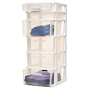 Homz 6 Drawer Plastic Storage and Organizer Tower, Cabinet for Home, Office, Classroom, Craft, Art Supplies, Clothes, White Frame/Clear Drawers