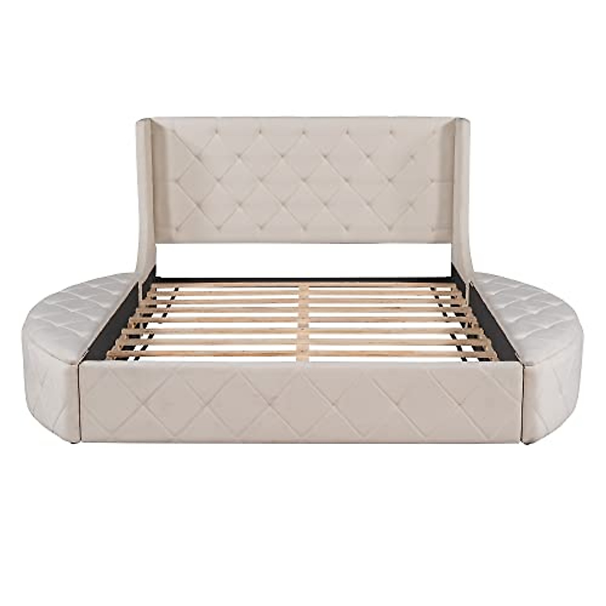 Prohon Upholstered Platform Bed with Wingback Headboard and 1 Big Drawer,2 Side Storage Stool, Velvet Tufted Bed Frame Queen Size, No Box Spring Needed, Easy to Install, Wooden Slats Support, Beige