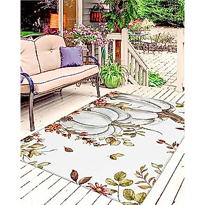 Fall Floral Thanksgiving Outdoor Rug for Patio, Large Floor Mat Grey Pumpkin Maple Leaves Non Slip Area Rug Rubber Backing Quick Dry Clearance Carpet for Camping, Garden, Lawn, Deck, Porch, 4' x 6'