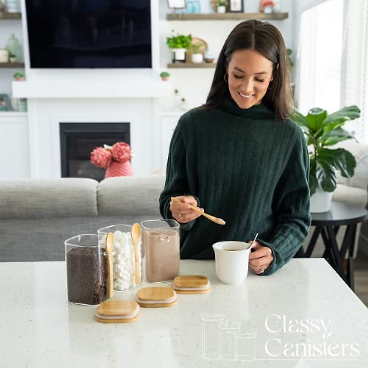 Set of 3 Square Glass Food Storage Containers With Bamboo Lids & Spoons – Decorative Airtight 40 Ounce Borosilicate Glass Food Storage Jars for Coffee, Tea, Sugar, Flour, Candy, Bath Salts & More