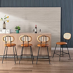 Amadi Counter Stools Rattan Back Dining Chair,Indoor Faux Leather Bar Stools Set of 4,Armless Dining Chairs with Rattan Backrest,Modern Metal Counter Height Barstools for Home Whiskey Brown,24"
