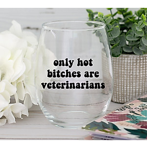 Only Hot Bitches are Veterinarians - Future Vet Graduation Gifts for Women Her - Best Veterinary School Student Present for Birthday Christmas Appreciation Day - 15 oz Stemless Wine Glass