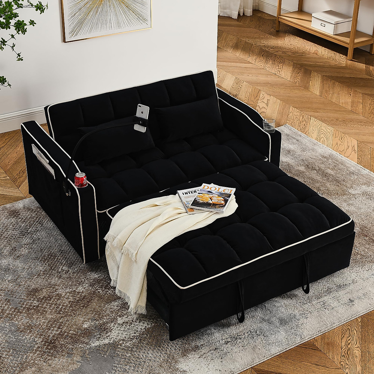 Bellemave Foldable Sofa Bed with Phone Holder, Pull Out Velvet Loveseat Sleeper with 2 USB Charging Ports, Modern Futon Couch with Cup Holders and Adjustable Backrest, for Living Room, Black
