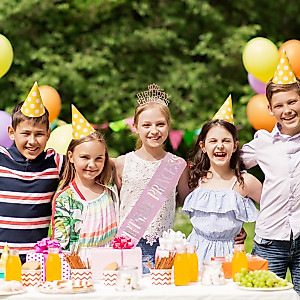 Birthday Princess Headband and Sash Set for Girls - Rhinestone Princess Tiara and Glitter Birthday Girl Crown - Perfect Birthday Gifts and Accessories for Women (Gold and Pink)