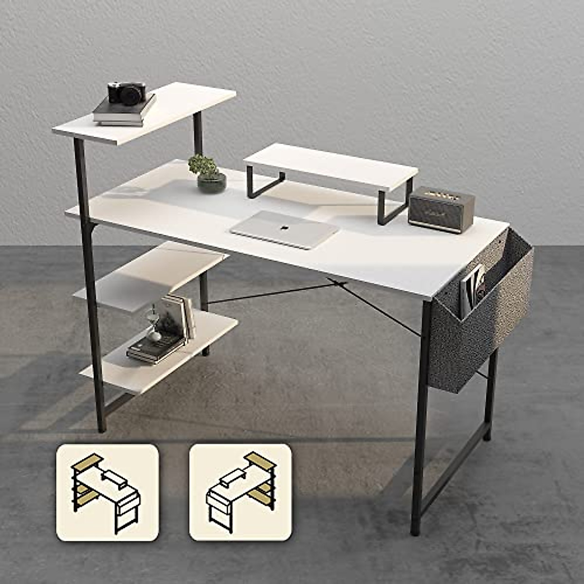 Innerjoin 47 inch Computer Desk with Shelves, Home Office Desk with Monitor Stand, 4 Tier Shelves, Storage Bag, Metal Frames, White
