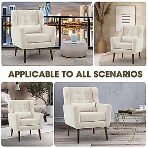 cinkehome Accent Chairs Set of 2 for Living Room, Chenille Upholstered Mordern Armchair, Comfy Soft Padded Lounge Reading Arm Chair in Small Space, Bedroom, Pillow, Solid Wood Leg, Beige