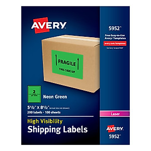 Avery Neon Shipping Labels for Laser Printers, 5-1/2" x 8-1/2", 200 Green Labels (5952)