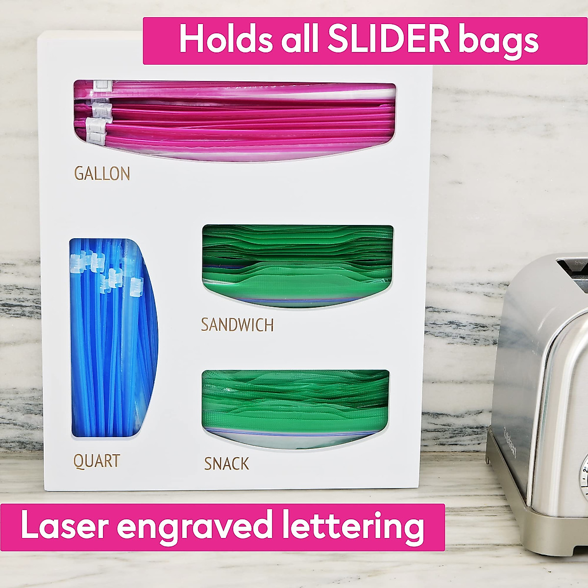 SUTTREE Colossal Coordinator White Bamboo Plastic Bag Organizer for Drawer – Holds All Slider Sandwich Bags