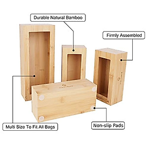 Set of 4 Bamboo Food Storage Bag Organizer with Non-Slip Pads for Gallon, Quart, Sandwich, Snack, Zipper and Slider Bags, Kitchen Drawer Organizer for Ziploc, Glad, Solimo, 365 by WFM, Hefty