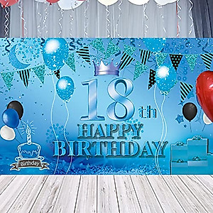 Happy 18th Birthday Backdrop Banner Blue 18th Sign Poster 18 Birthday Party Supplies for Anniversary Photo Booth Photography Background Birthday Party Decorations, 72.8 x 43.3 Inch