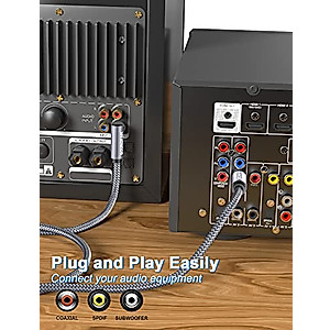 90 Degree RCA Cable SOUNDFAM Subwoofer Cable Right Angle Digital Coaxial RCA Cable Male to Male Vidio Audio Cable Gold-Plated Connectors for Home Theater, HDTV, Home Stereo and DVD- Grey (6.6ft/2m)