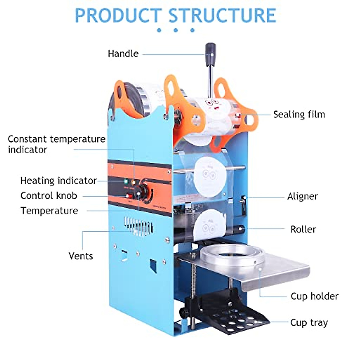Manual Cup Sealing Machine 300-500 Cups/Hour Electric Cup Sealer for 180mm Tall &95mm Cup 110V US Plug