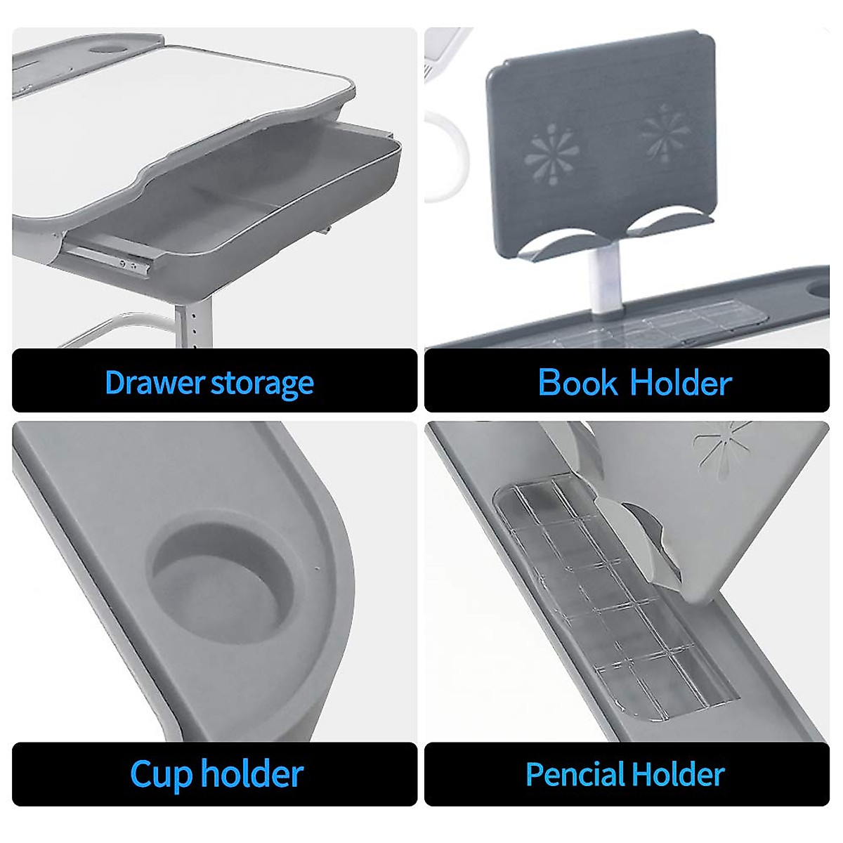 LVYUAN Kids Desk and Chair Set, Height Adjustable Kids Study Desk for Bedroom, Desk for Kids with Tiltable Desktop, 3 Modes Light, Go Back School Desk, Grey