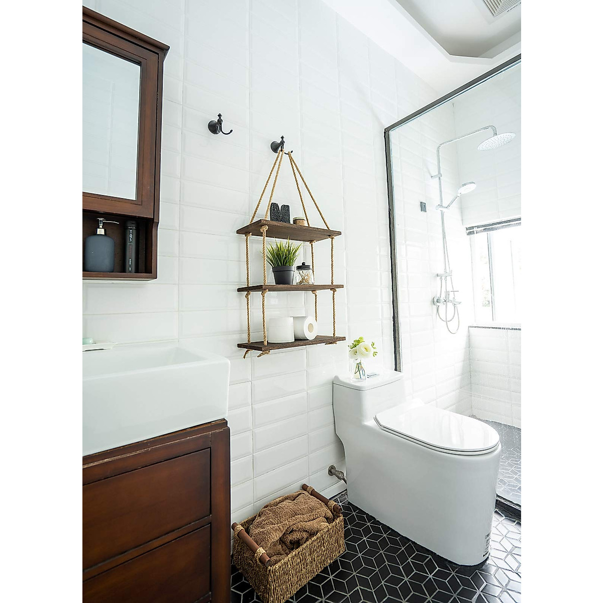 Mkono Hanging Shelves 3 Tier Rustic Wood Floating Wall Shelves Photo Plant Display Hanging Storage Shelf Home Decor for College Dorm Room Decor Bathroom Living Room Bedroom Apartment