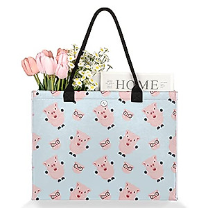 Cute Cartoon Pig Reusable Grocery Shopping Bag with Hard Bottom, Animal Pig Large Foldable Multipurpose Heavy Duty Tote with Zipper Pockets, Stands Upright, Durable and Eco Friendly, Beach Bag
