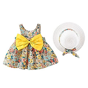 Baby Girls Floral Tutu Dress Summer Sleeveless Backless Princess Birthday Party Dresses Toddler Girl Communion Pageant Flower Bow Sundress with Sun Hat Outfit Set Yellow Flower 18-24 Months