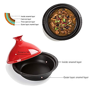 ECBCUEG Home 24Cm Lead Free Cooking Tagine, 1.5L Enameled Cast Iron Tangine with Ceramic Lid for Different Cooking Styles Compatible with All Stoves,Pink (Red)