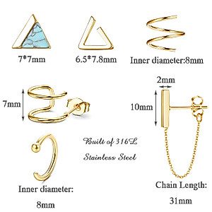 ORAZIO 6 Pairs Minimalist Hoop Stud Earrings Set for Men Women Small Triangle Cuff Huggie Chain Dangle Earrings Stainless Steel Cartilage Helix Piercing Set
