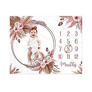 Eunikroko Floral Boho Baby Monthly Milestone Blanket Little Girl Bohemian Photo Prop Blanket Pampas Grass Ideas for Newborn Princess Pink Nursery Décor 40" X 50"