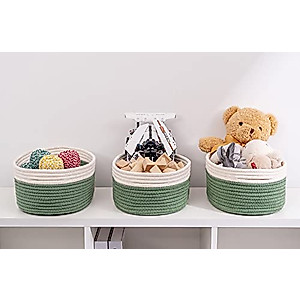 Kriitools Shelf Storage Baskets for Organizing|Cute Basket for Closet&Blanket Storage|Small Woven Baskets to Store Toys,Books,etc.-13x8.66x5.11’’ Cotton Rope,Stylish,Oval 3 Packs Off White&Green