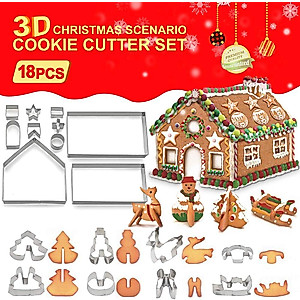 18pcs 3D Creative Christmas Cookie Cutters Set Gingerbread House Chocolate House Cutter Kit Biscuit Cake Bakeware Santa Elk Festival Xmas DIY 3D Type Cracker Cookie Mold