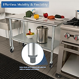 HARDURA Stainless Steel Table with Wheels 24 x 60 Inches Casters NSF Heavy Duty Commercial Work & Prep Table with Undershelf and Galvanized Legs for Restaurant Kitchen Bar and Hotel Garage