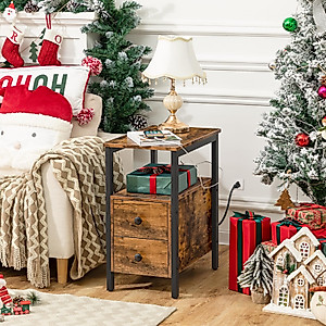 HOOBRO End Table with Charging Station, Narrow Side Table with 2 Drawer & USB Ports & Power Outlets, Nightstand for Small Spaces, for Living Room, Bedroom, Rustic Brown and Black BF541BZ01