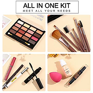 All in One Makeup Kit For Women Girls Teens 16 Colors Eyeshadow Palette Liquid Foundation Eyeliner Pencils Contouring Stick Lip Gloss Eyebrow Pencils Mascara Powder Puff 7Pcs Makeup Brushes Makeup Gift Sets