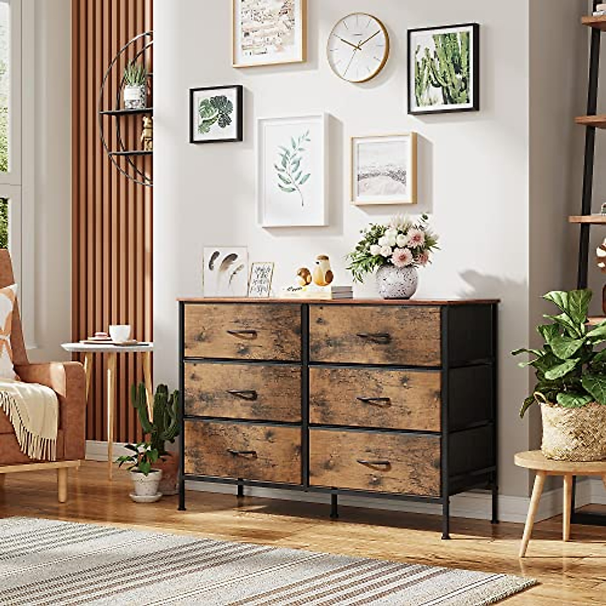 WLIVE Wide Dresser with 6 Drawers, TV Stand for 50" TV, Entertainment Center with Metal Frame, Wooden Top, Fabric Storage Dresser for Bedroom, Hallway, Entryway, Rustic Brown Wood Grain Print