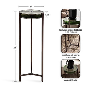Kate and Laurel Aguilar Modern Drink Table, 9 x 9 x 23, Sage Green Glass and Bronze, Unique Round Glass Mini Table for Use as Bathroom Accent Table or Pedestal Martini Table