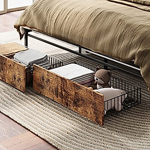 IRONCK Queen Bed Frame with Bookcase Headboard & Drawer & Charging Station,Sturdy Metal Platform Bed, No Noise, No Box Spring Needed, Vintage Brown