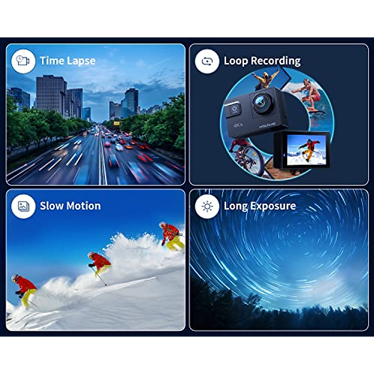 WOLFANG GA300 4K60FPS Action Camera 24MP Waterproof 40M Underwater Camera EIS Stabilization WiFi Wide Angle Helmet Camera (External Microphone, Remote Control, 2x1350mAh Batteries and Accessory Kit)