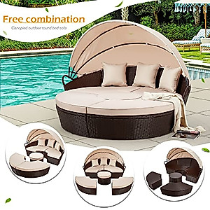 AECOJOY Outdoor Daybed with Canopy, Patio Daybed with Washable Cushions and 3 Extra Pillows, Rattan Wicker Separated Seating Sectional Sofa for Patio Lawn Garden Backyard Porch Pool